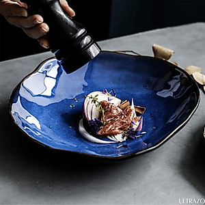 Anvirtue Cat-eye blue ceramic tableware Ocean Waves Deep Blue Plates Glaze Salad Bowl Main Dish Kitchen Supplies (M)