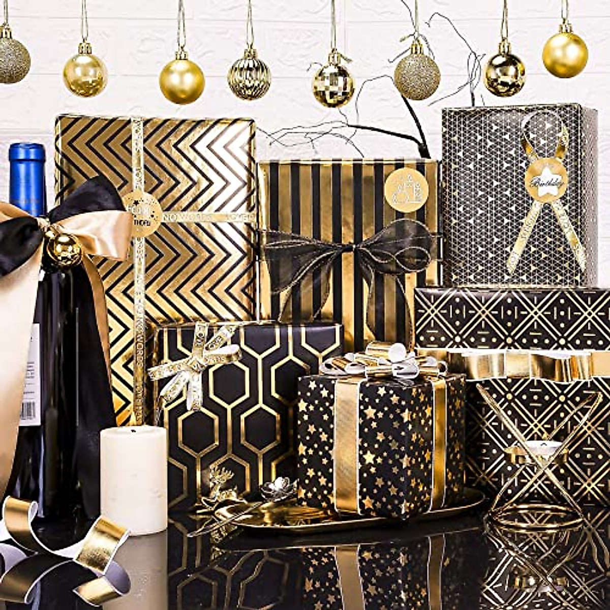 Larcenciel Gift Wrapping Paper Set, 6 Sheets Metallic Black Gold Foil Wrapping Paper w/Gift Bow & Sticker, Shiny Luxury Men Boys Gift Wraps for Birthday, Holiday, Graduation, Baby Shower, 27.5x19.6in