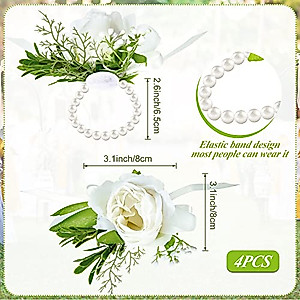 4 Pieces White Ivory Rose Wrist Corsage Boutonniere Wrist Corsage Artificial Rose Wrist Flowers Pearl Corsage Wristlet Artificial Bridesmaid Wrist Flowers for Women Bride Bridesmaid Party Prom Wedding