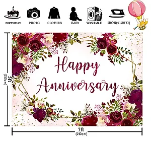 Homewelle Happy Anniversary Backdrop 7Wx5H Feet Polyester Fabric Elegant Burgundy Flower Rose Plant Botanical Decoration Green Leaves Gold Glitter Photography Background Photo Shoot Props