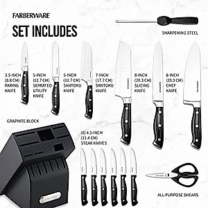 Farberware 15-Piece Forged Triple Riveted Knife Block Set, High Carbon-Stainless Steel Kitchen Knives, Razor-Sharp Knife Set with Wood Block, Black