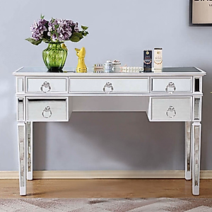 MTFY Mirrored Console Table with 5 Drawer, Silver Mirrored Makeup Dressing Table Vanity Desk, Modern Writing Desk Media Table for Bedroom Living Room Home Office