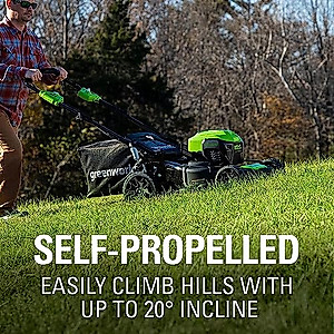 Greenworks 40V 21" Cordless Self-Propelled Lawn Mower,(500 CFM/120 MPH) Axial Leaf Blower,13" String Trimmer,Combo Kit w/ (1) 5Ah (1)2AH Battery, (2) 2A Chargers