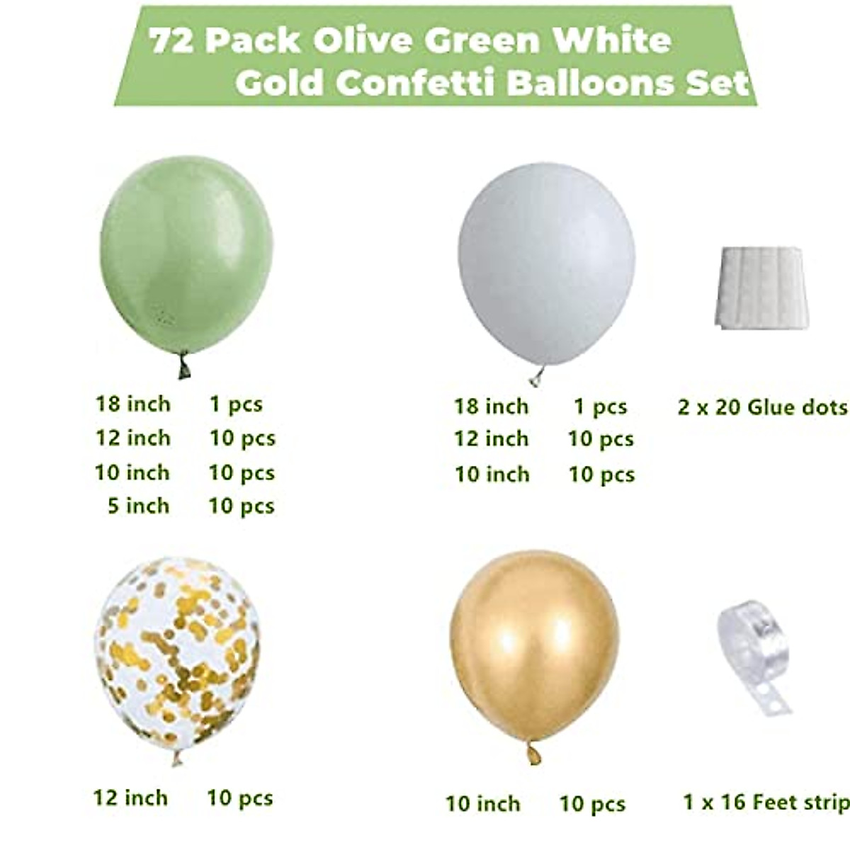 Olive Green Balloon Garland Arch Kit, White Gold Confetti Balloons Green Balloon and Gold Metallic Chrome Latex Balloons Set for Wedding Birthday Party Baby Shower Party Background Decoration