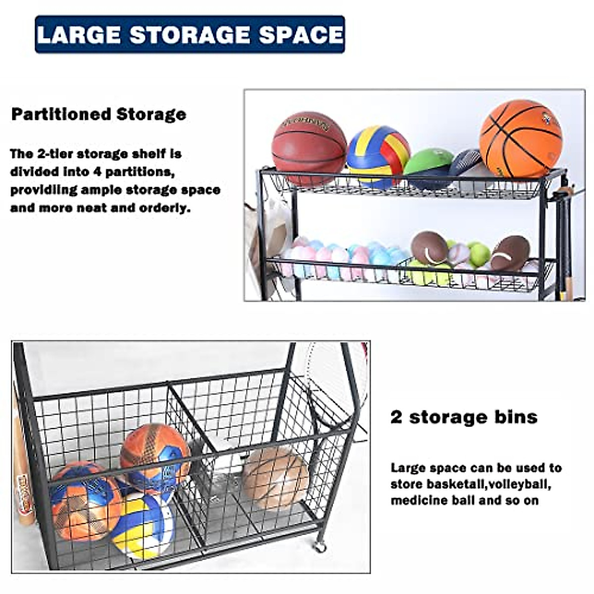 Lhysn Carbon Steel Sports Equipment Storage Rack, 2 Baskets, 2 Lockable Wheels Guaranteed
