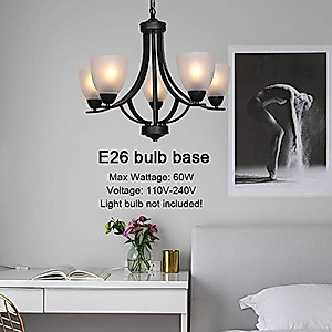 VINLUZ 5 Light Shaded Contemporary Chandeliers with Alabaster Glass Black Rustic Light Fixtures Ceiling Hanging Mid Century Modern Pendant Lighting for Dining Room Foyer Bedroom Living Room
