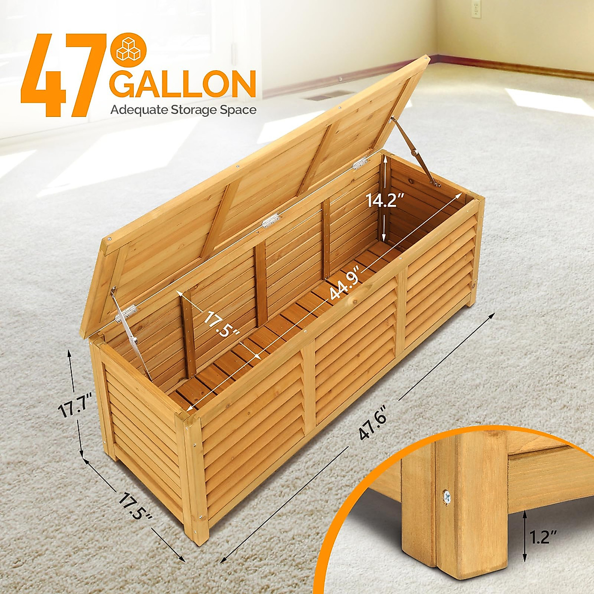 VINGLI 47 Gallon Wood Deck Box, Outdoor Storage Box for Tools, Cushions, Patio Storage Bench Container for Backyard, Porch, Garden (Natural)