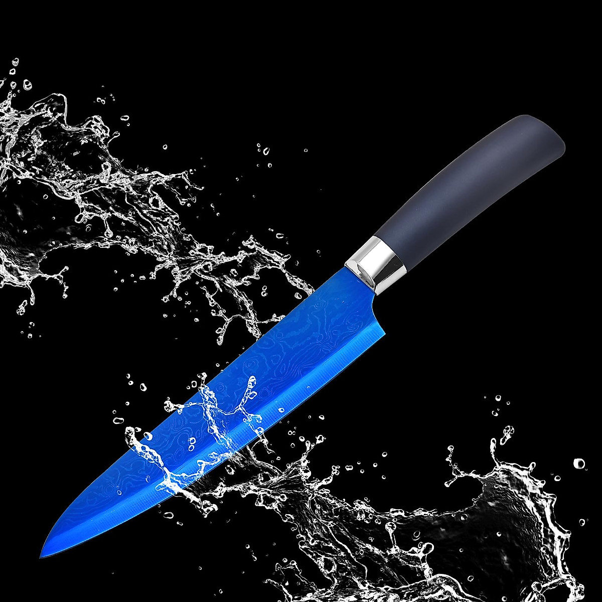 Knife Set, Kitchen Non Stick Knives Set with Block Thick Blade Cutlery Knife Block Sets with Sharpener 6pcs Steak Knife Shears Chef Sharp Quality Aluminum Alloy Block Blue Handle and Blade