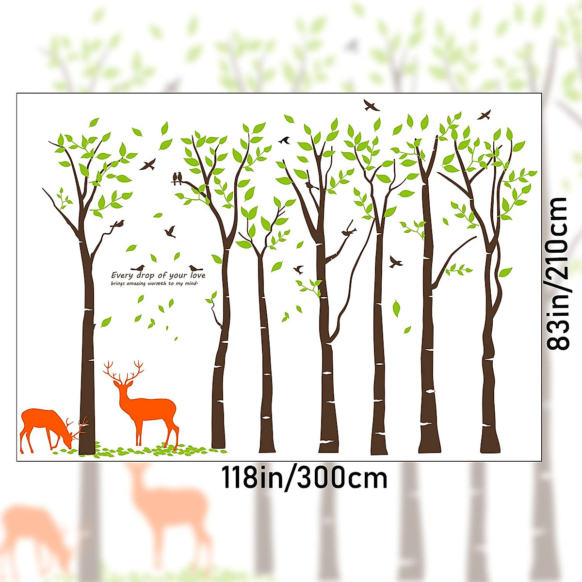 Giant Large Jungle 7 Brown Tree Wall Decal DIY Removable Vinyl Sticker Green Leaf Leaves Birds and Deer Wallpaper for Kids Girl Boy Bedroom Living Room Nursery Rooms Home Offices Walls 118" x 83"