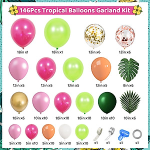 146Pcs Tropical Balloons Garland Arch Kit, Hawaiian Luau Tropical Aloha Flamingo Party Decorations Hot Pink Fruit Green Rose Gold Confetti Balloons Palm Leaves Birthday Baby Shower Wedding Supplies