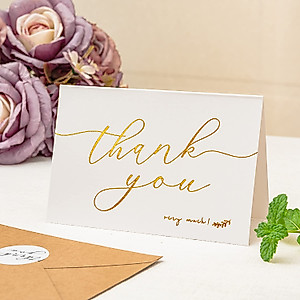 Crisky 50 Pcs Gold Foil Thank You Cards With 50 Envelopes & 50 Stickers Simple, Chic, Elegant Greeting Cards Perfect for: Wedding/Business/Birthday/Graduation etc. 4 x 6 inches 50 Pack
