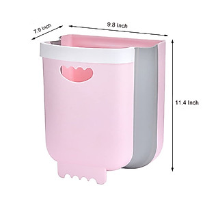 Hanging Trash Can for Kitchen Cabinet Door, Foldable Waste Bin for Kitchen Bedroom Bathroom and Car (2.4 Gallon, Pink)