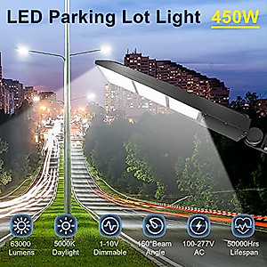 450W LED Parking Lot Light 63000LM Commercial Outdoor Light 5000K Dimmable LED Shoebox Area Light (1500W HID/HPS Equivalent), Slip Fitter Mount IP65 Waterproof, 100-277V AC UL&DLC Listed