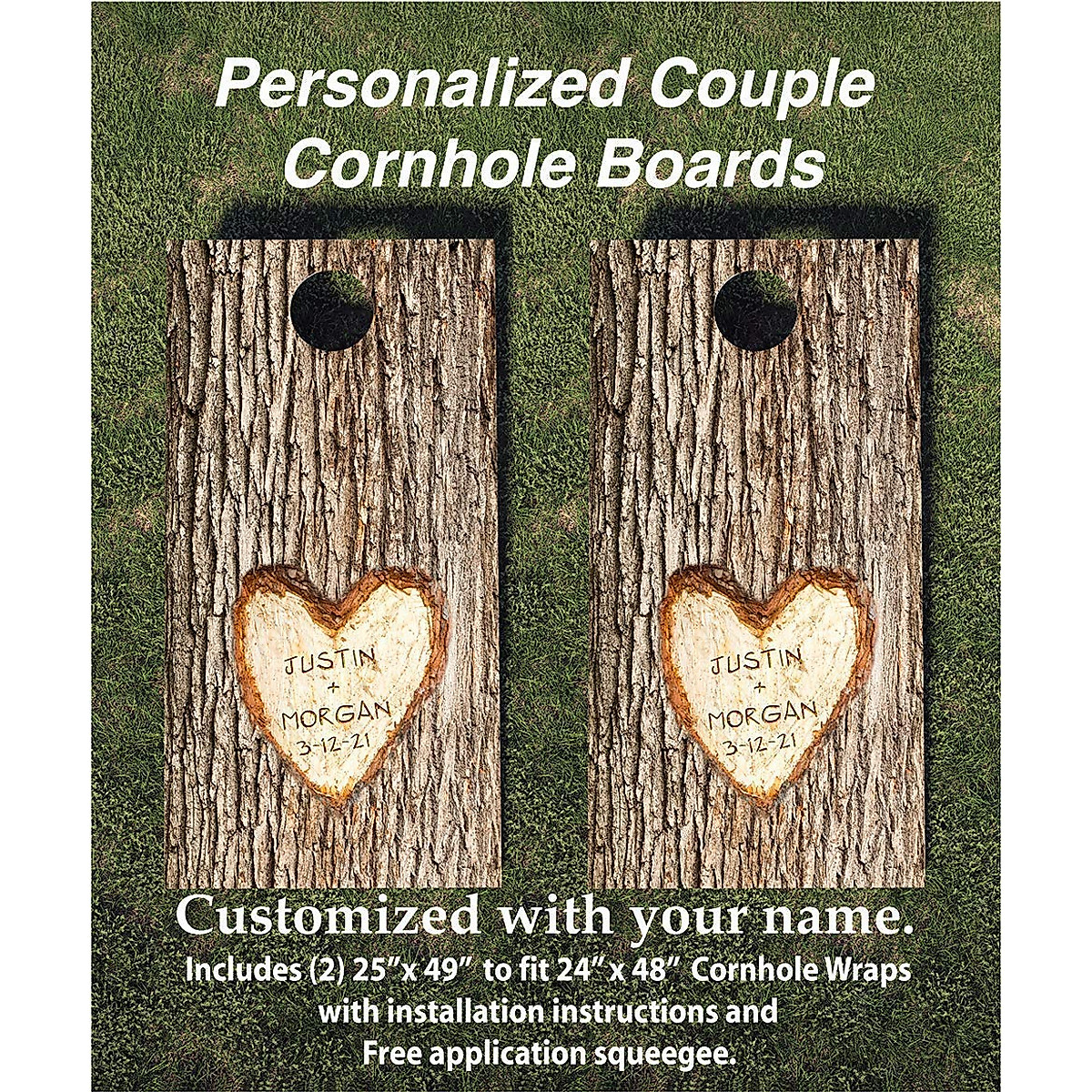 Couples Cornhole Board Wraps #419 - Personalized Couple Name Graphic Decals - Includes Application Squeegee - Set of (2) 25" x 49" Wraps with Gloss Laminate