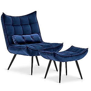 MCombo Accent Chair with Ottoman, Velvet Modern Tufted Wingback Club Chair, Upholstered Leisure Chairs with Metal Legs for Bedroom Living Room 4079 (Blue)