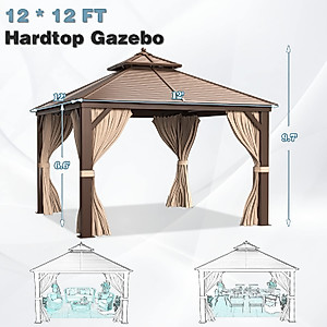 MELLCOM 12' x 12' Hardtop Gazebo, Galvanized Steel Double Roof Outdoor Gazebo, Aluminum Frame Metal Gazebo with Netting and Curtains for Patios, Gardens, Lawns Brown