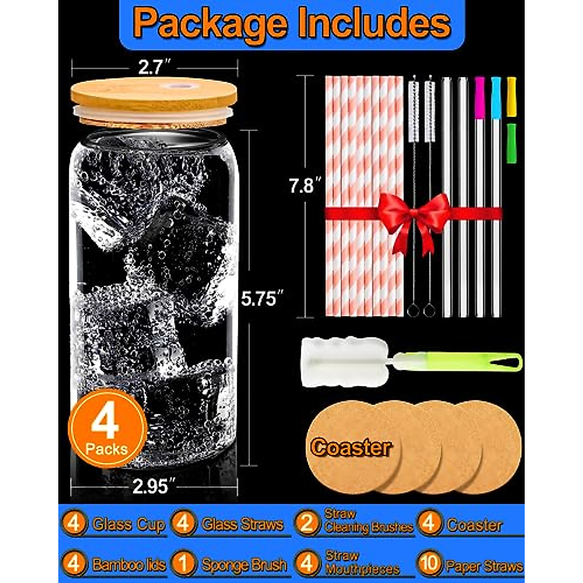 Yooler Glass Cups with Lids and Straws - 16oz Can Shaped Drinking Beer Glasses, Iced Coffee Cups, Cute Glass Tumbler with Straw and Bamboo Lid, Ideal for Cocktail, Whiskey, Gift (Set of 4)