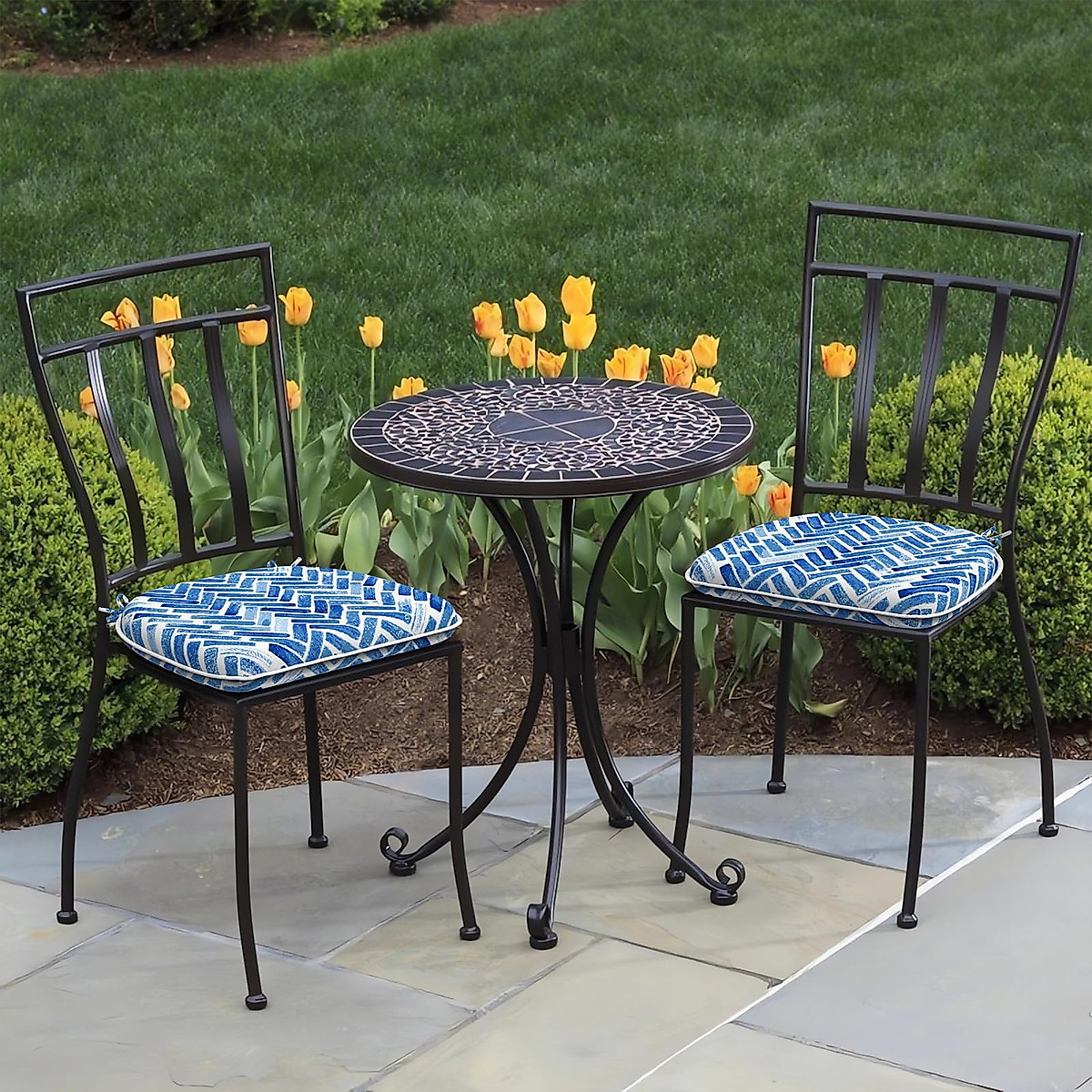 DYTXIII Set of 2 Outdoor Chair Cushions with Ties,Water Repellent Patio Chair Pads 17"x 16" for Outdoor Furniture,Round Corner Seat Cushions for Garden Yard Kitchen Blue Bricks