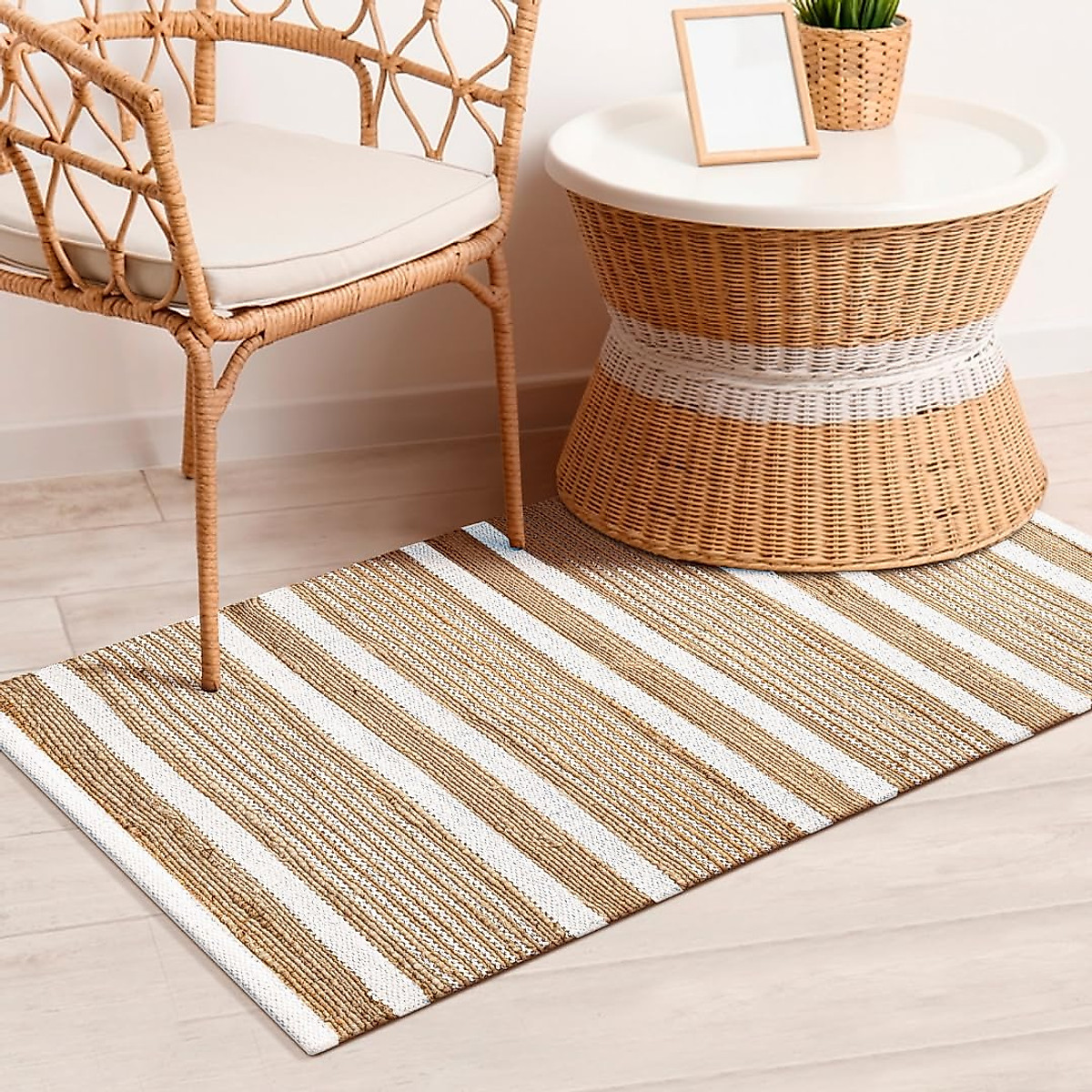 Comfy-co Area Rug 2x3 ft - Hand-woven Jute Cotton Area Rug Boho Farmhouse Rustic - Non Slip Floor Rug for Bedroom Living Room Kitchen Dorm Entryway Hallway - Area Rug Natural/White
