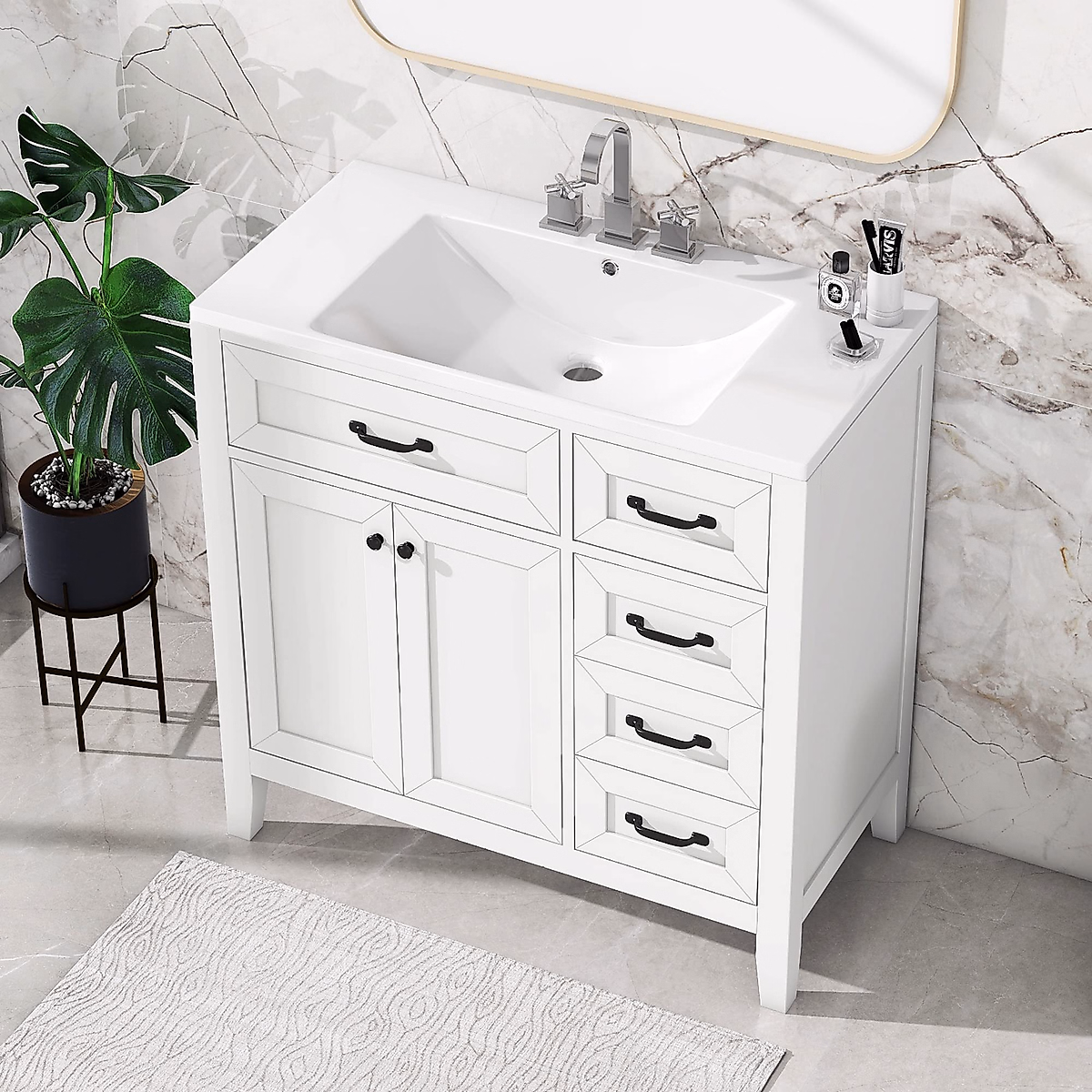 Merax, White 36 Inch Bathroom Vanity with Sink Set Combo, Storage Cabinet with Doors and Drawers, Ceramic Basin Top