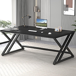 LVB 70.8" Black Computer Desk, Large Industrial Pc Study Home Office Desk, Long Modern Wood Gaming Work Writing Desk for 2 Person, Farmhouse Double Workstation Executive Desk with Storage in Bedroom