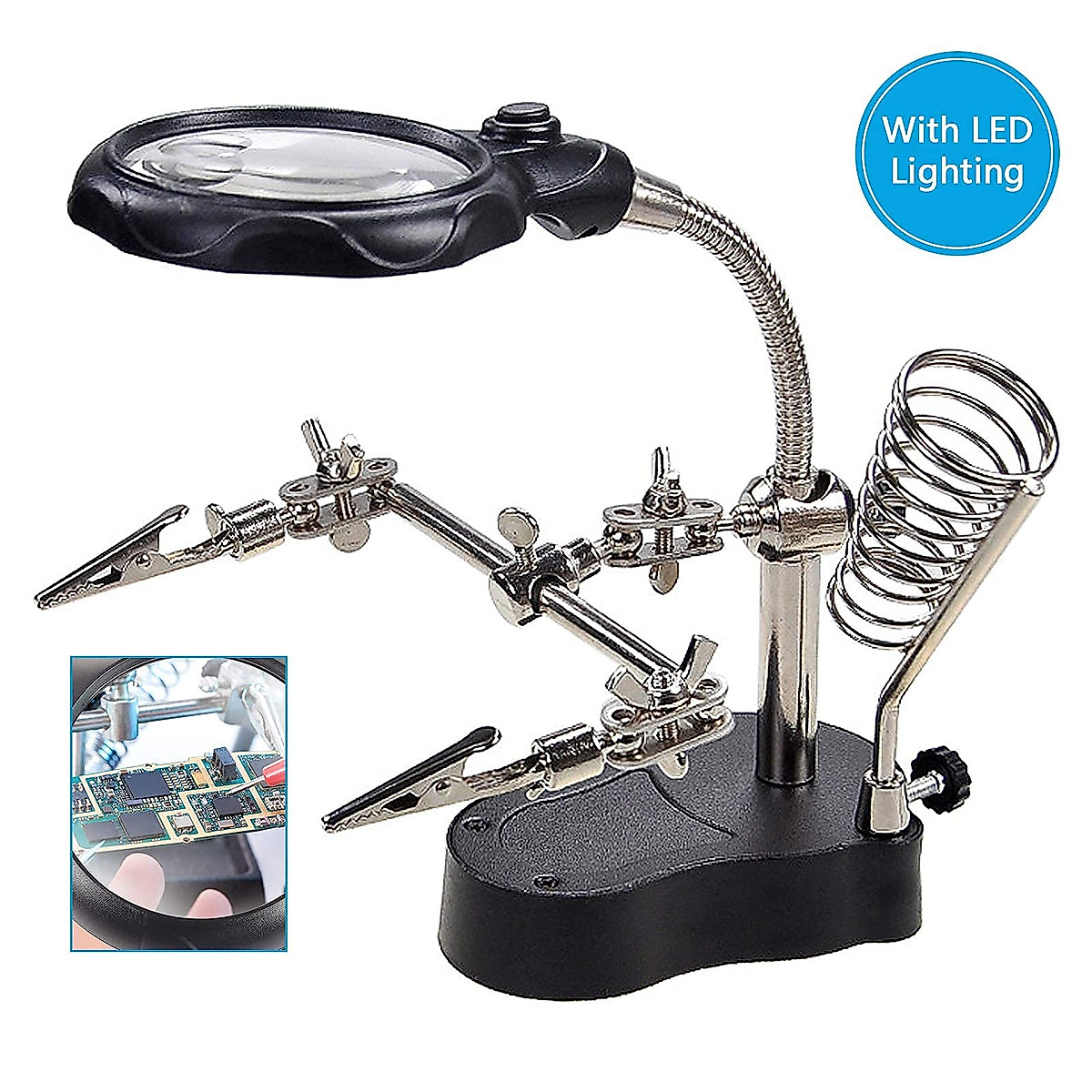 mlogiroa Helping Hands Soldering Station, 3.5X 12X Magnifying Glass LED Lighted Magnifier with Auxiliary Clips Alligator Clamp Repair Tools Kit for Soldering, Assembly, Miniatures