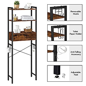 HOOBRO Over The Toilet Storage, 3 Tier Bathroom Organizer Shelf with Drawers, Freestanding Bathroom Space Saver with Toilet Paper Holder and Hook, Saving Space, Rustic Brown BF45TS01