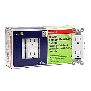 Leviton T5325-WMP 15 Amp 125 Volt, Tamper Resistant, Decora Duplex Receptacle, Straight Blade, Grounding, White M22-Straight, 125 V, 2 Pole, 3 Wire, 10 Pack