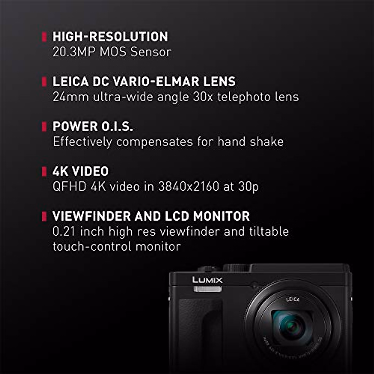 PANASONIC LUMIX ZS80 20.3MP Digital Camera, 30x 24-720mm Travel Zoom Lens, 4K Video, Optical Image Stabilizer and 3.0-inch Display – Point & Shoot Camera with Lecia Lens - DC-ZS80K (Black)