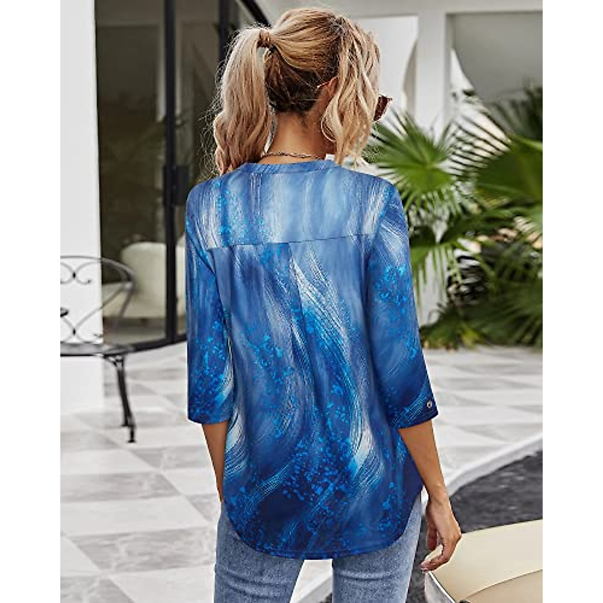 VALOLIA Women's Tops, Womens Summer Tops Womens 3/4 Sleeve Tunic Blouse Tops V Neck Shirts Womens Shirts and Blouses Tunic Tops for Women Loose Fit Tops for Women Tummy Coverage Starry Blue XX-Large