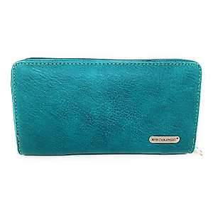 Set of Women's Concealed Carry Tote Double Flat Strap Purse with Laser Cutout Inlay with Matching Wallet (Turquoise)