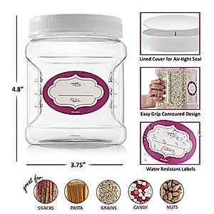 DilaBee Clear Plastic Storage Jars with Lids - 6 Pack - Square Plastic Containers with Airtight Lids - Canisters with Pinch Grip Handles - BPA-Free - 48 Oz