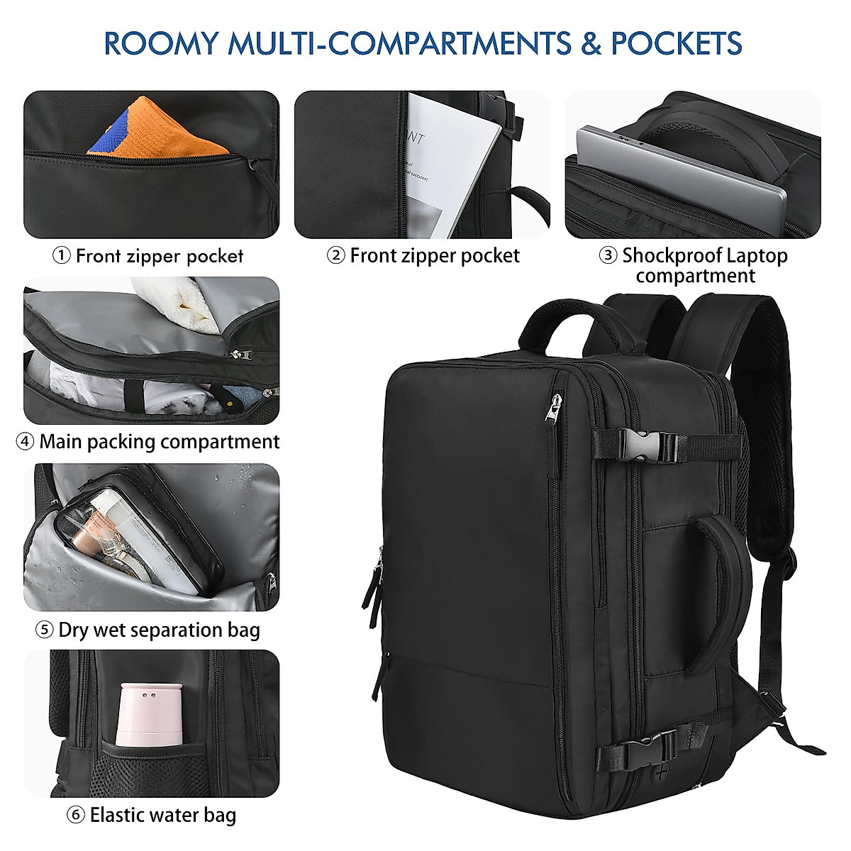 Travel Backpack for Men Women, Large Carry On Backpack Airline Approved,TSA 17.3 inch Laptop Backpack, Waterproof Backpack, College School Bag Casual Daypack for Weekender Business Hiking, Black