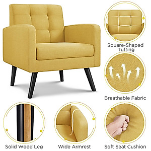 Yaheetech Mid-Century Accent Chairs, Modern Upholstered Living Room Chair, Cozy Armchair Button Tufted Back and Wood Legs for Bedroom/Office/Cafe, Set of 2, Yellow