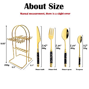 BRIIEC 24Pcs Creative Imitation Ceramics Handle Flatware Set Black Gold Hanging Cutlery Stainless Steel Tableware Silverware with Stand/Holder/Rack. Knives Forks Spoon for Home Kitchen