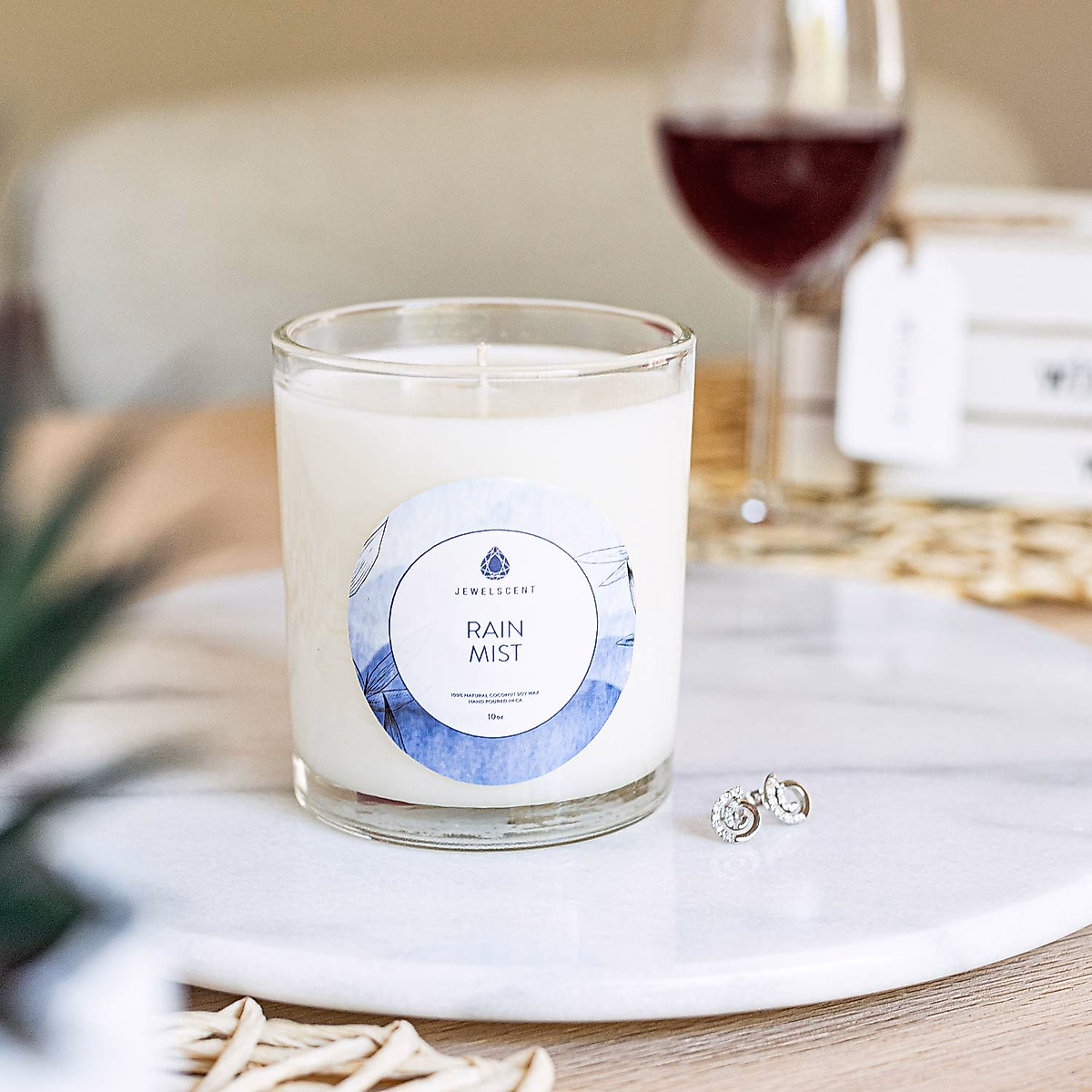 JewelScent Rain Mist Signature 10z Candle and Jewelry with Surprise Earring Inside | Made in USA | Parrafin Free | Natural Soy Blend | ECO Friendly Organic (Earring)