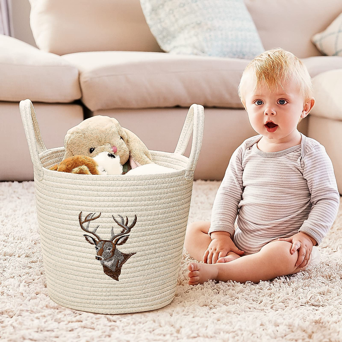 Amasava Storage Baskets 2 Pack, Small Baby Baskets Woven Cotton Rope Decorative Laundry Hampers for Blankets Toys Shoes Plants Clothes Diapers