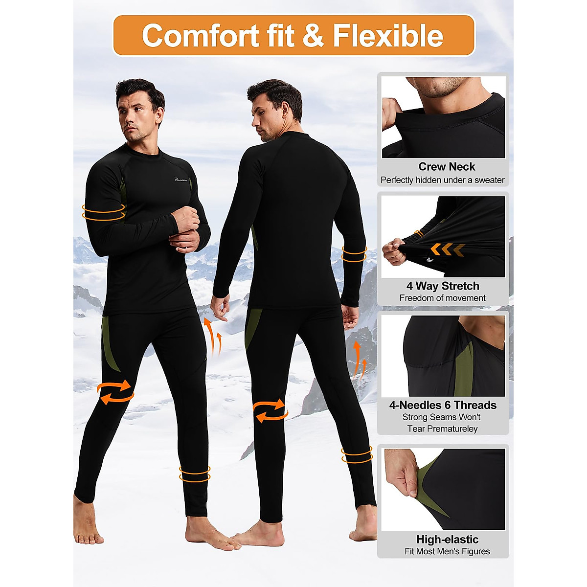 romision Thermal Underwear for Men- Fleece Lined Long Johns Winter Hunting Gear Base Layer Top & Bottom Set for Cold Weather A-Black