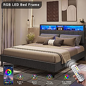 ADORNEVE Queen LED Bed Frame with Outlet and USB Ports, Queen Bed Frame with Storage Headboard, Modern Platform Bed with Storage & LED Lights, No Box Spring Needed, Easy Assembly, Dark Grey