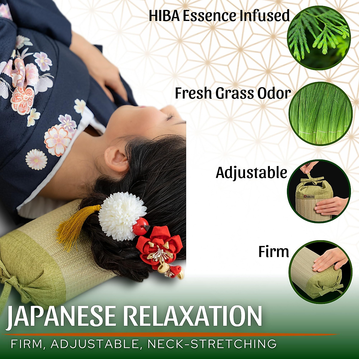 Japanese Neck Roll Pillow Firm for Relaxation - Original Bolster Cylinder Pillow Made with Japanese Igusa Rush, Infused with HIBA Essence - Hard Cervical Pillow for Neck Stretch and Meditation