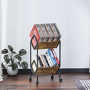 Giikin 2-Tier Vinyl Record Storage Holder, Holds up to 160-200 LPs, Mobile Metal and Wooden Vinyl Record Organizer Stand with Casters, Storage, Protects Vinyl - Organize Albums - Book, Magazine, Files