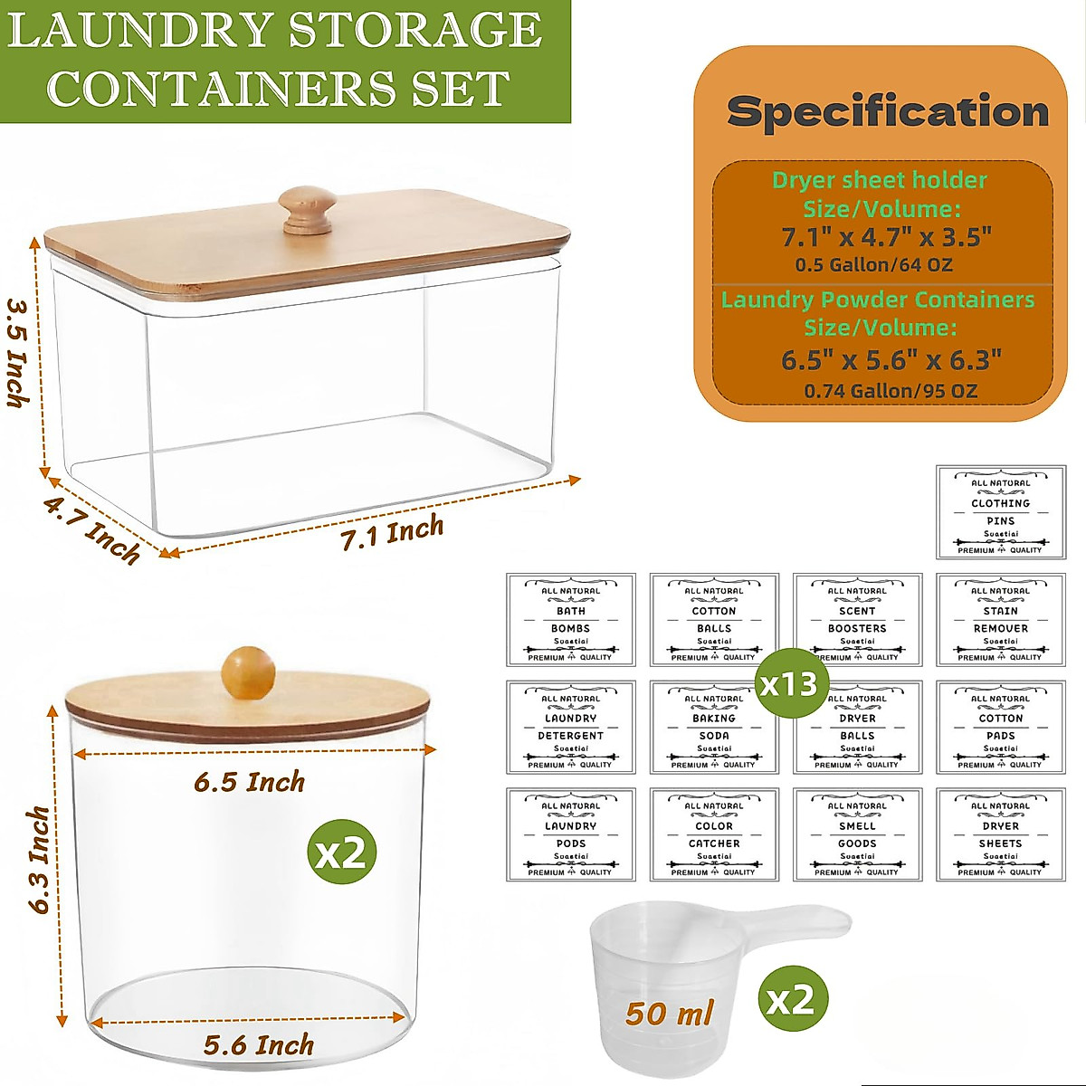 3 Pack Laundry Powder Container & Dryer Sheet Holder, Large Capacity Acrylic Laundry Room Organization Storage Containers with Lids, Labels & Scoops for Powder, Scent Booster, Pods, Beads, Bath Bombs