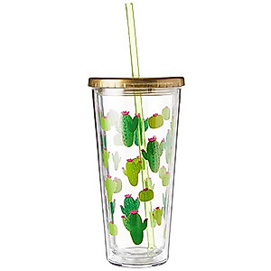 X&O Paper Goods Gold and Green Cactus Acrylic Double Wall Tumbler Cup with Lid and Straw, 20 oz., 4" W x 7.75" H
