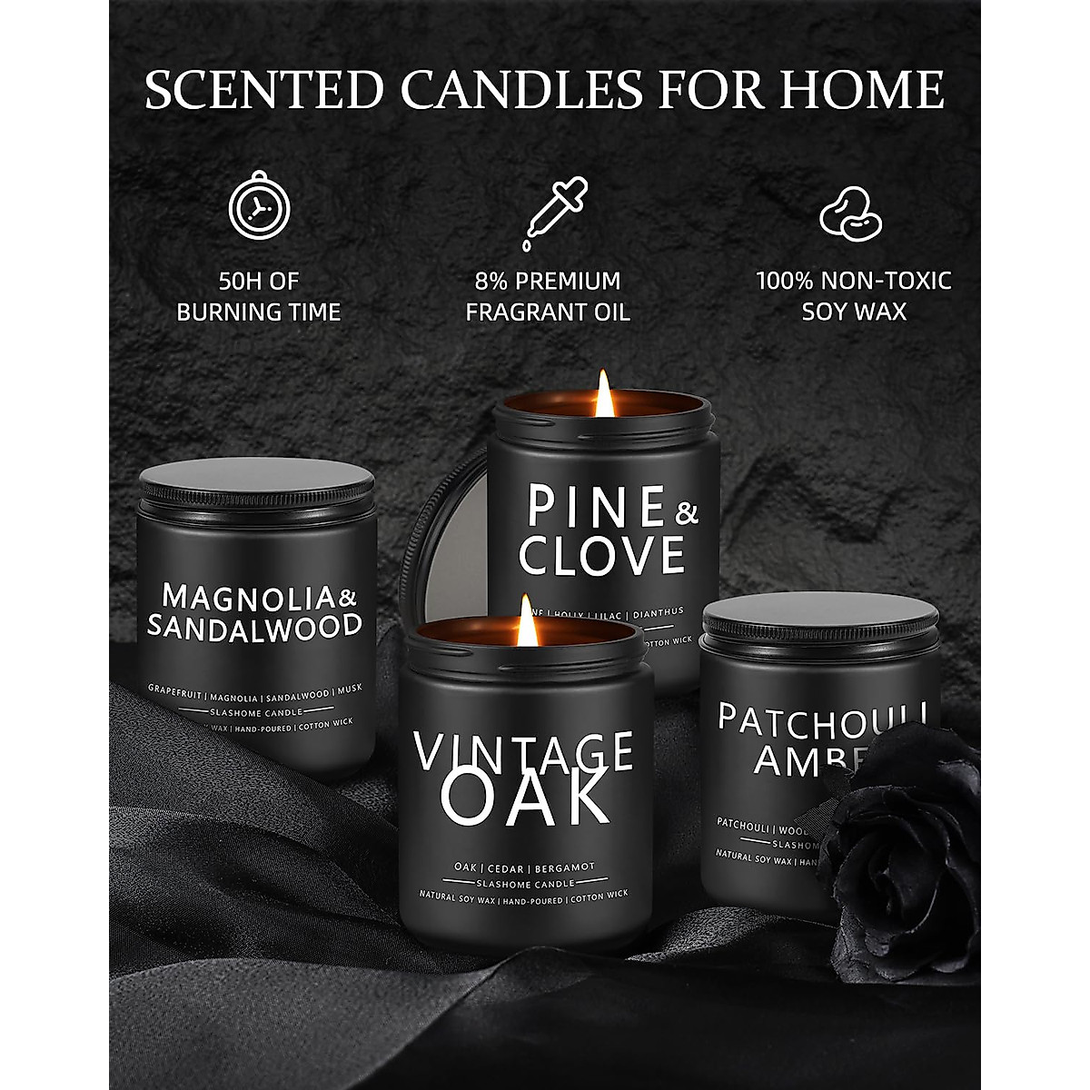 Scented Candles for Men - 4 Pack Scented Candles Gifts for Men, Dad, Boyfriend - 50 Hours Long Burning Soy Candles for Home Scented (Pine/Sandalwood/Patchouli/Oak)