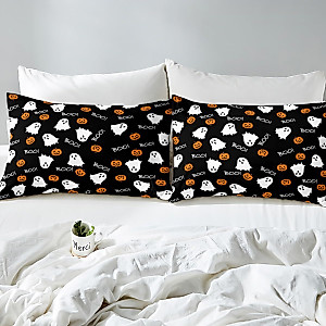 White Ghost Bedding Set,Pumpkin Lantern Comforter Cover Set for Teens Women Room Decor,Cartoon Halloween Duvet Cover Breathable Black White Orange Bedspread Cover Full Size
