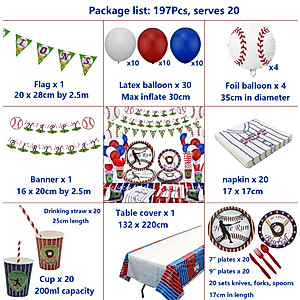Baseball Party Supplies Sports Tableware Party Pack for Baseball Themed Birthday Party Including Plates, Cups, Napkins, Spoons, Knives, Forks, Tablecloth, Banner, Balloons Serves 20
