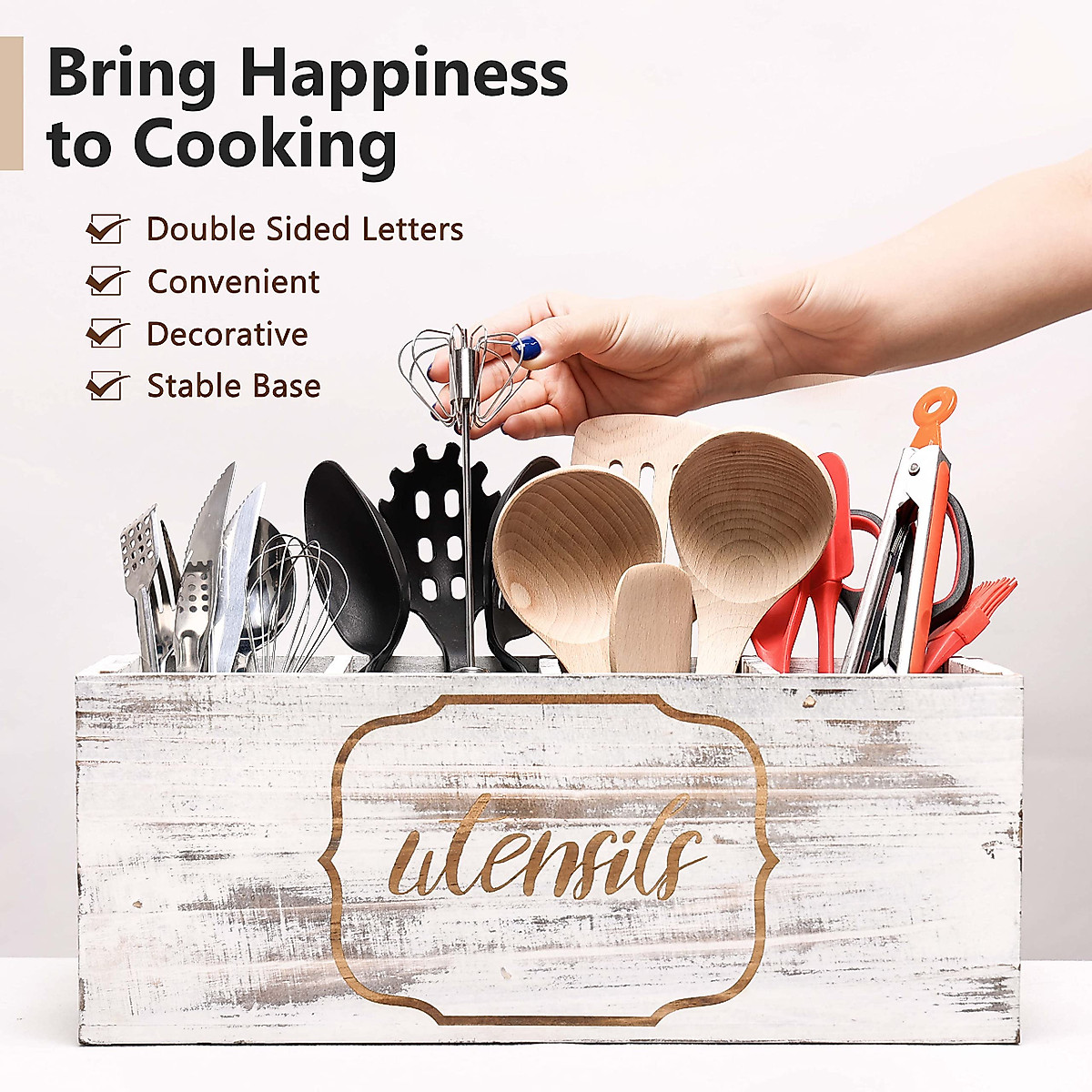 Yumkfoi 2 Pack Extra Large Utensil Holder with 4 Compartments, Wooden Farmhouse Utensil Organizer for Kitchen Counter Rustic Cooking Utensil Crock Countertop Utensil Caddy Spatula Holder (White&Black)