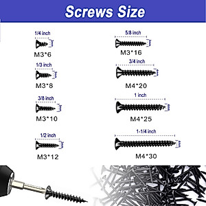 480pcs Wood Screws Assortment Kit, M3 M4 Small Screws Set, Phillips Drive Flat Head Self Tapping Screw, Cabinet Screws, Black Wood Screws, 8 Sizes Short Screws Fasteners with 30pcs Screws Anchorss