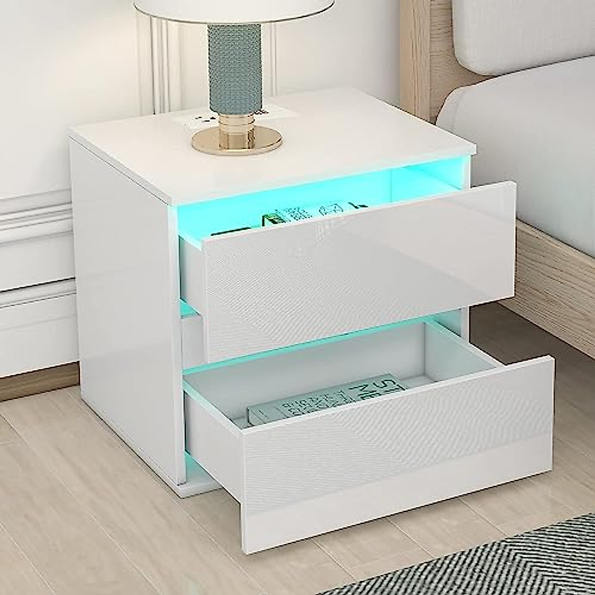 BKEKM Nightstands Bedside Tablewireless Charging Nightstand Remote Control Led Light-Dark End Table USB Charging 2 Drawers Bedside Cabinet Well Made