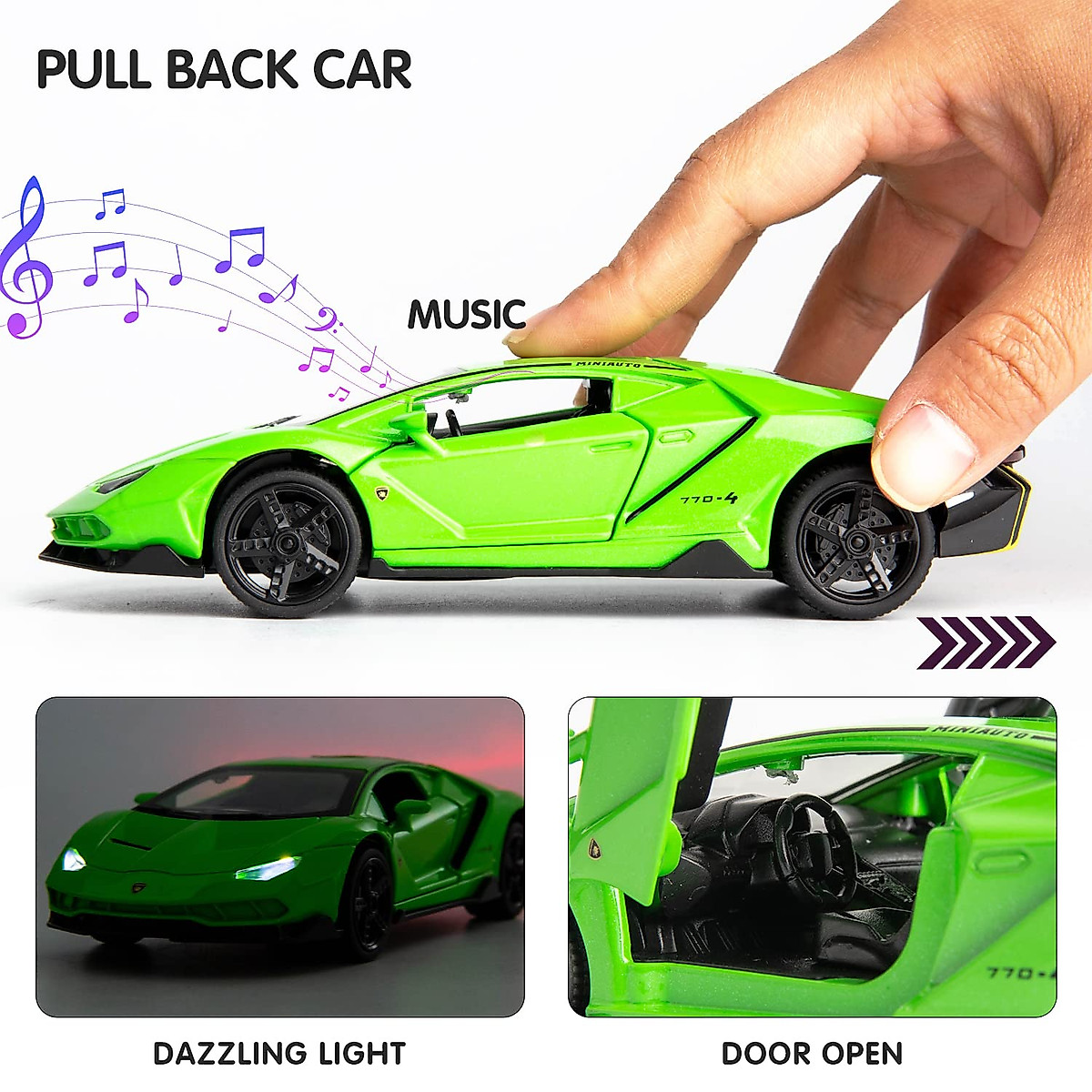 BDTCTK 1:32 LP770 Model Car, Zinc Alloy Pull Back Toy Car with Sound and Light for Kids Boy Girl Green